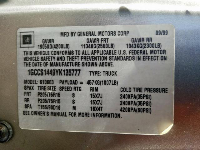 VIN: 1GCCS1449YK135777 | CHEVROLET S10 2000 car history - Stat.vin